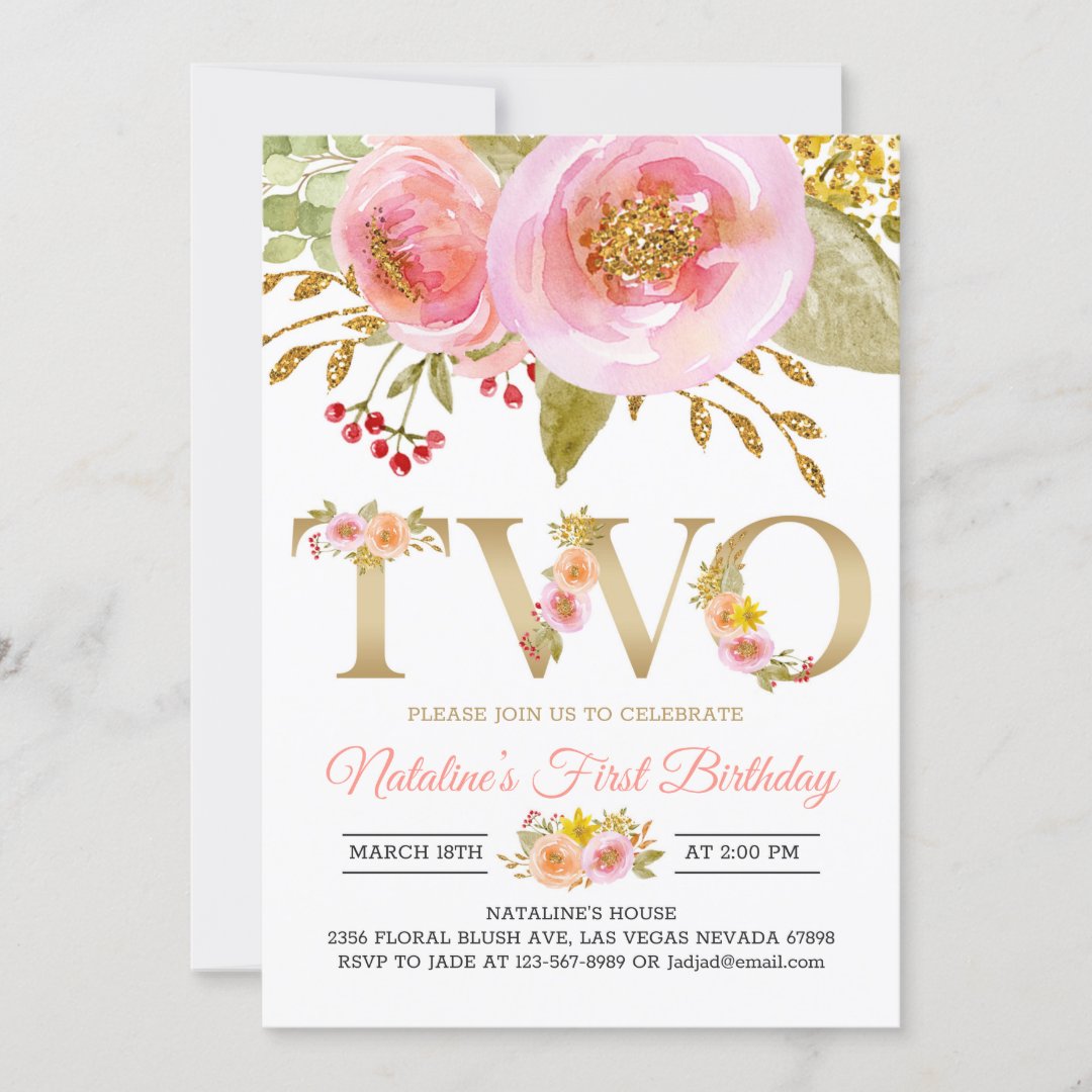 Blush pink Floral 2nd Birthday Invitation flowers | Zazzle