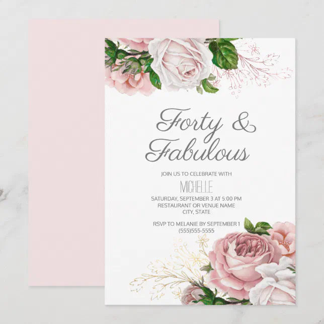 Blush Pink Floral 40 and Fabulous Birthday Invitation | Zazzle