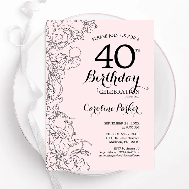 Blush Pink Floral 40th Birthday Party Invitation | Zazzle