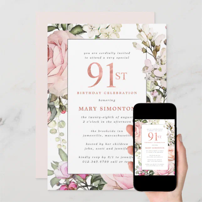 Blush Pink Floral 91st Birthday Party Invitation | Zazzle
