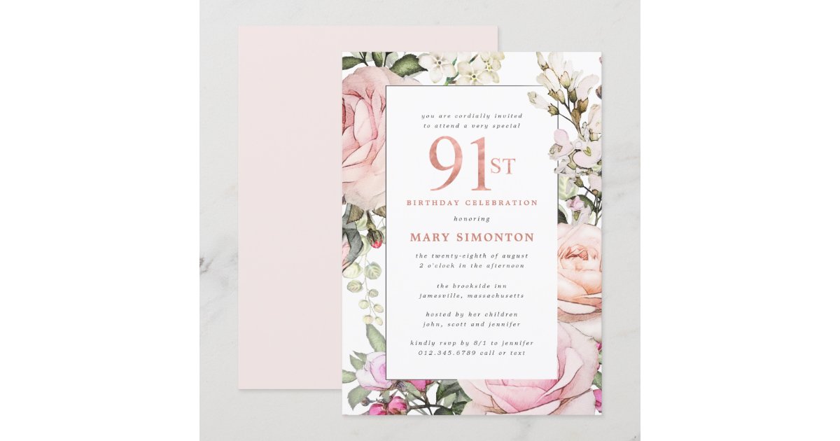 Blush Pink Floral 91st Birthday Party Invitation | Zazzle