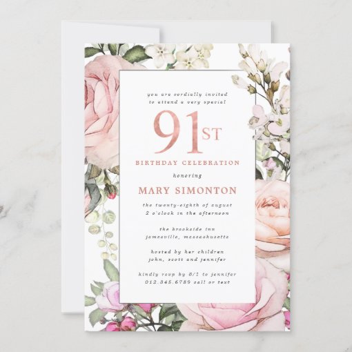Blush Pink Floral 91st Birthday Party Invitation | Zazzle