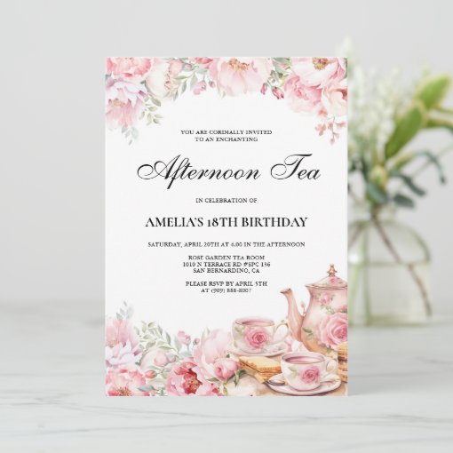 Blush Pink Floral Afternoon Tea Birthday Party Invitation | Zazzle