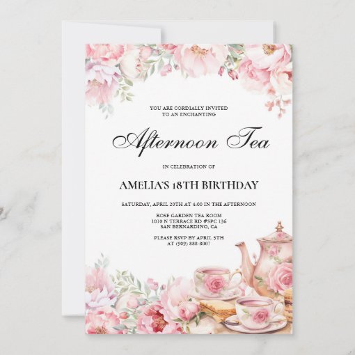 Blush Pink Floral Afternoon Tea Birthday Party Invitation | Zazzle