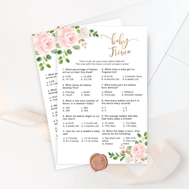 Blush pink floral baby trivia baby shower game | Zazzle