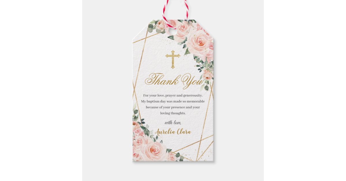 Blush Pink Floral Baptism Christening Gold Cross Gift Tags | Zazzle