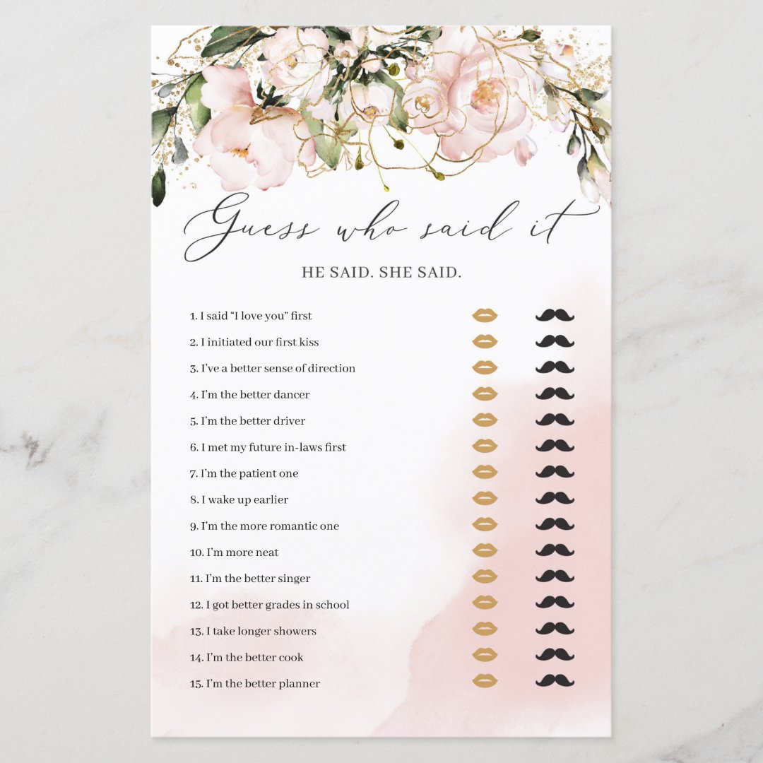 Blush Pink Floral Boho Guess Who Said It Game | Zazzle