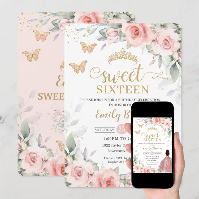 Blush Pink Floral Brown Princess Sweet Sixteen Invitation | Zazzle