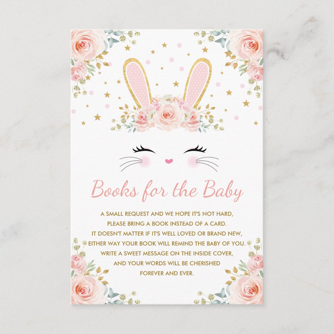 Blush Pink Floral Bunny Rabbit Books for Baby Girl Enclosure Card | Zazzle