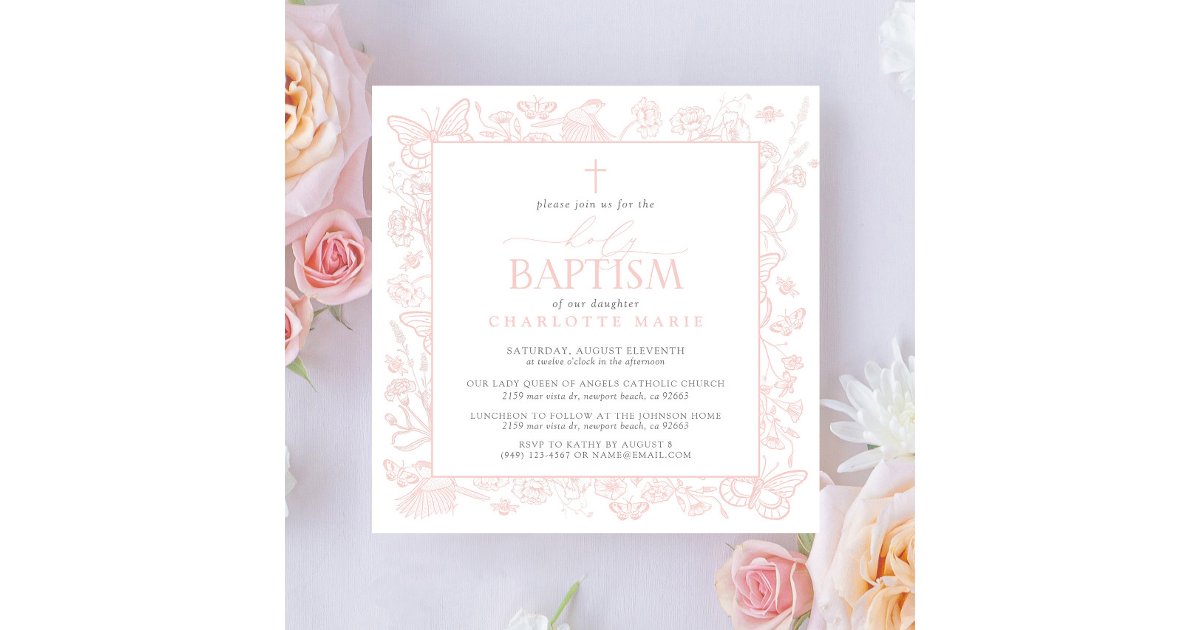 Blush Pink Floral Butterflies Holy Baptism Cross Invitation | Zazzle