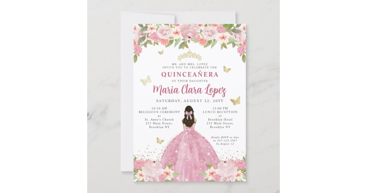 Blush Pink Floral Butterfly Princess Quinceanera Invitation | Zazzle