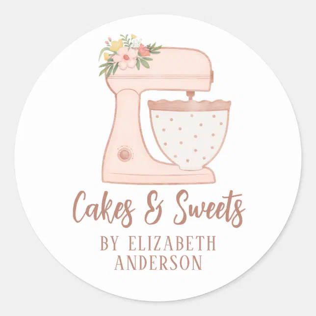 Blush Pink Floral Cake Mixer Bakery Catering Classic Round Sticker | Zazzle