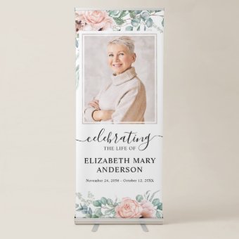 Blush Pink Floral Celebration of Life Photo Retractable Banner | Zazzle
