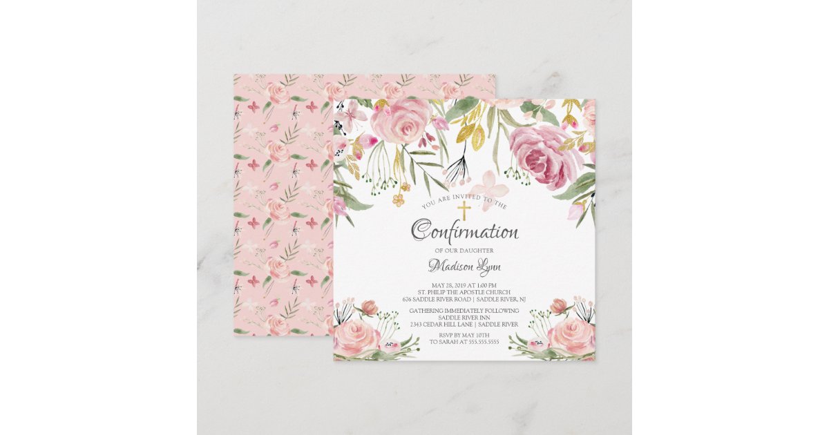 Blush Pink Floral Confirmation Invitation | Zazzle