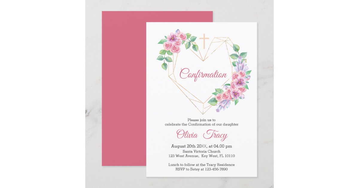Blush Pink Floral Confirmation With Gold Heart Invitation | Zazzle