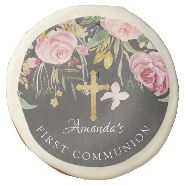Blush Pink Floral Cross First Holy Communion Sugar Cookie | Zazzle
