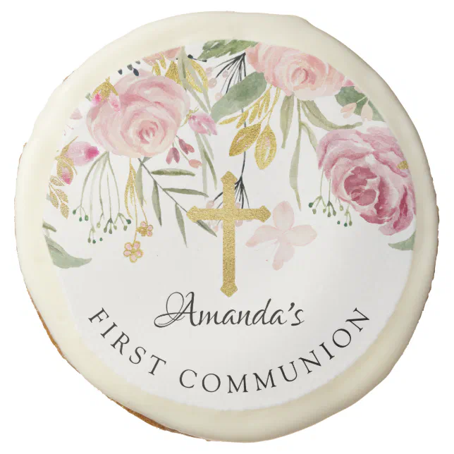 Blush Pink Floral Cross First Holy Communion Sugar Cookie | Zazzle