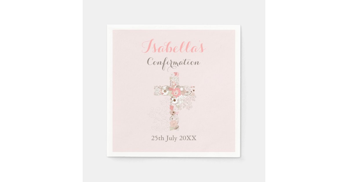 Blush pink floral cross name girl confirmation napkins | Zazzle