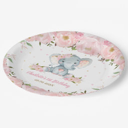 Blush Pink Floral Cute Elephant 1st Birthday Party Paper Plates | Zazzle