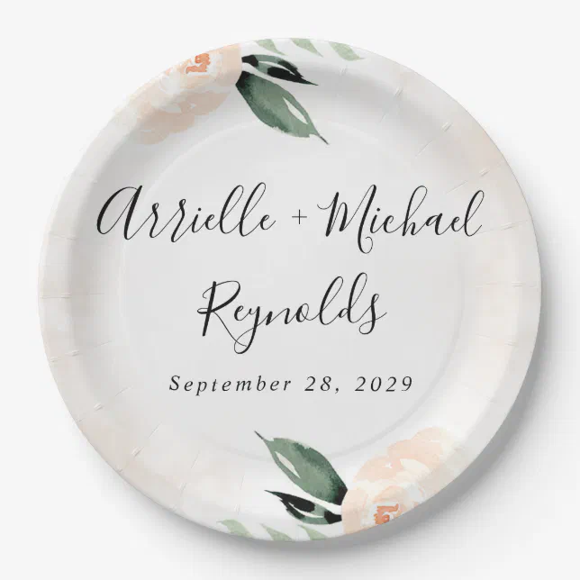 Blush Pink Floral Elegant Champagne Garden Wedding Paper Plates | Zazzle