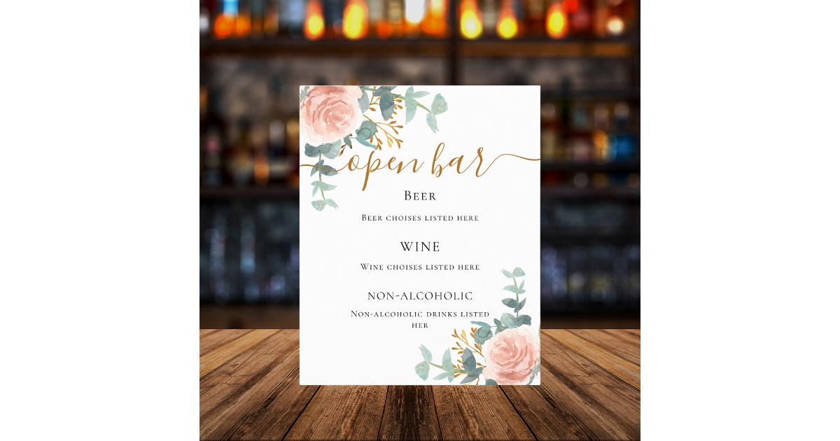 Blush pink floral eucalyptus bar menu | Zazzle
