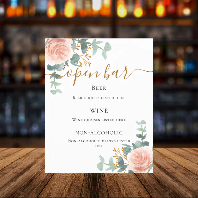 Blush pink floral eucalyptus bar menu | Zazzle