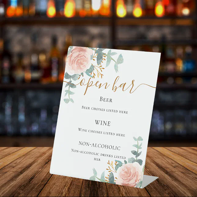 Blush pink floral eucalyptus bar menu pedestal sign | Zazzle