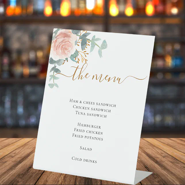 Blush pink floral eucalyptus menu food drinks pedestal sign | Zazzle