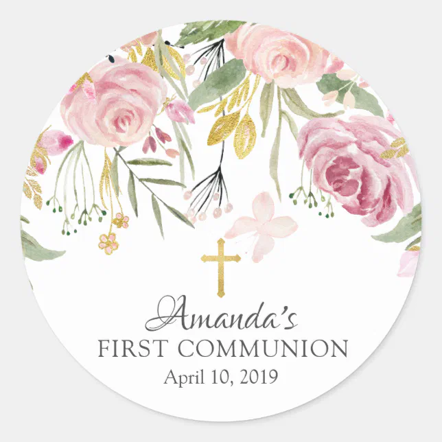 Blush Pink Floral First Holy Communion Sticker | Zazzle