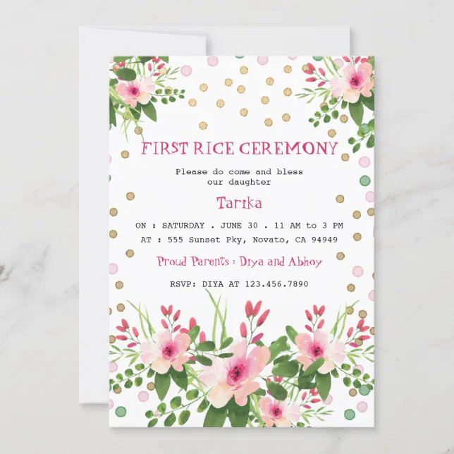 Blush Pink Floral First Rice Ceremony Annaprashan Invitation | Zazzle