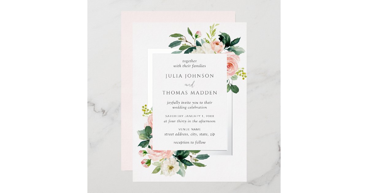 Blush Pink Floral Frame Wedding Foil Invitation | Zazzle