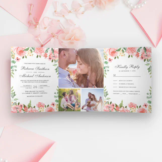 Blush Pink Floral Garden Photo Collage Wedding Tri-Fold Invitation | Zazzle