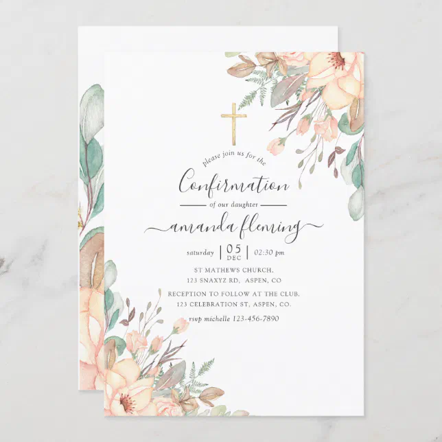 Blush Pink Floral Girl Confirmation Invitation | Zazzle