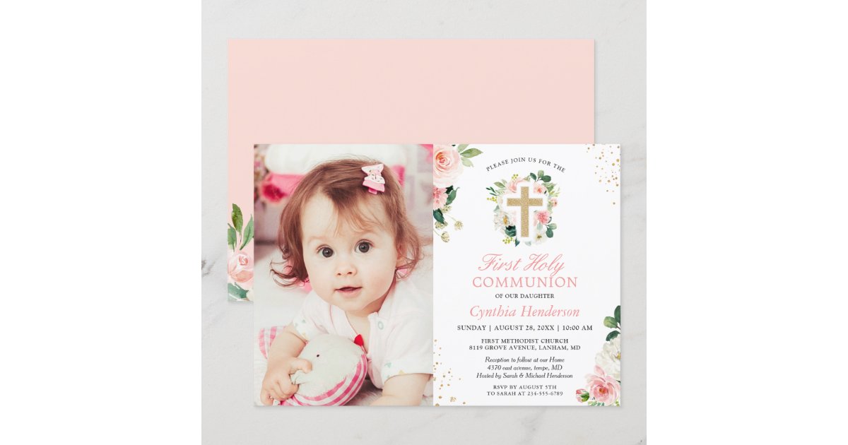 Blush Pink Floral Girl First Holy Communion Photo Invitation | Zazzle