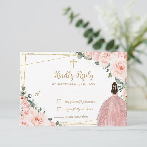 Blush Pink Floral Gold Baptism Christening Reply RSVP Card | Zazzle