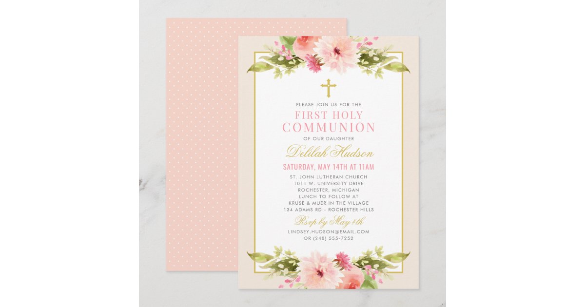 Blush Pink Floral Gold Cross First Communion Girl Invitation | Zazzle