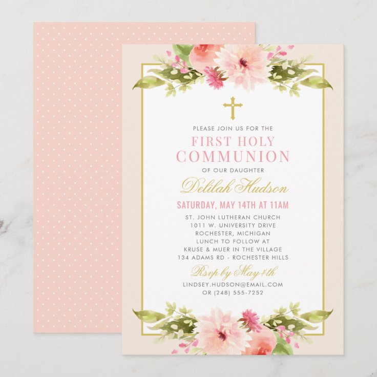Blush Pink Floral Gold Cross First Communion Girl Invitation | Zazzle