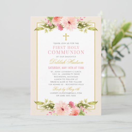Blush Pink Floral Gold Cross First Communion Girl Invitation | Zazzle
