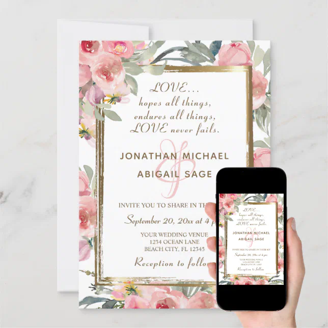 Blush Pink Floral Gold Frame Christian Wedding Invitation Zazzle