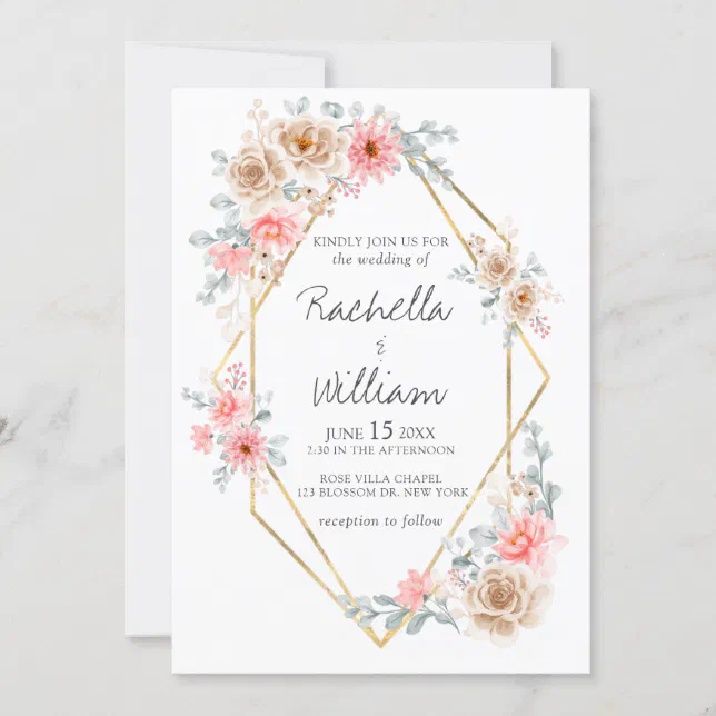Blush Pink Floral Gold Geometric Botanical Wedding Invitation Zazzle