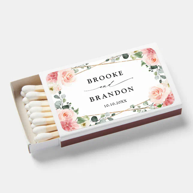 Blush Pink Floral Gold Geometric Botanical Wedding Matchboxes | Zazzle