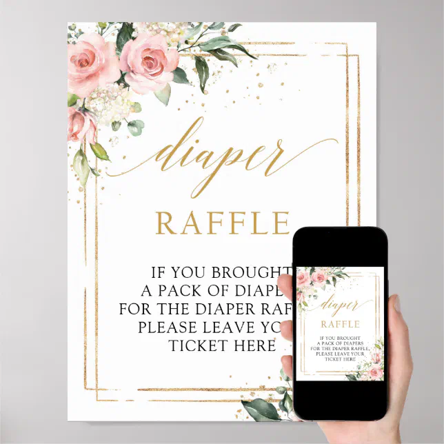 Blush pink floral gold geometric Diaper Raffle Poster | Zazzle
