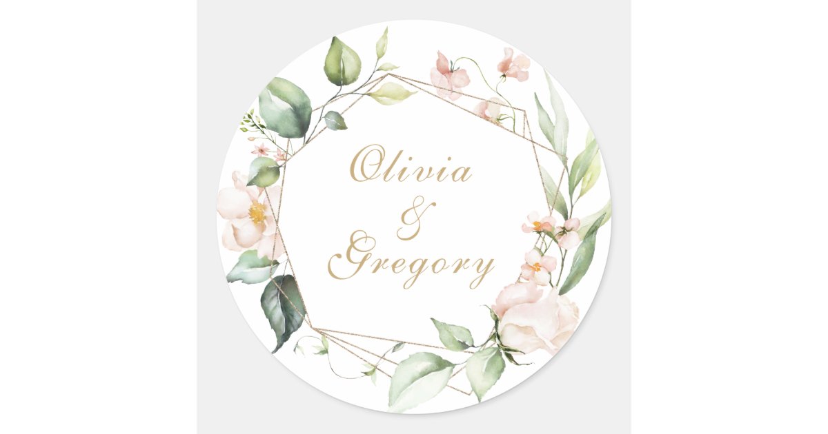 Blush Pink Floral Gold Geometric Frame Wedding Classic Round Sticker ...