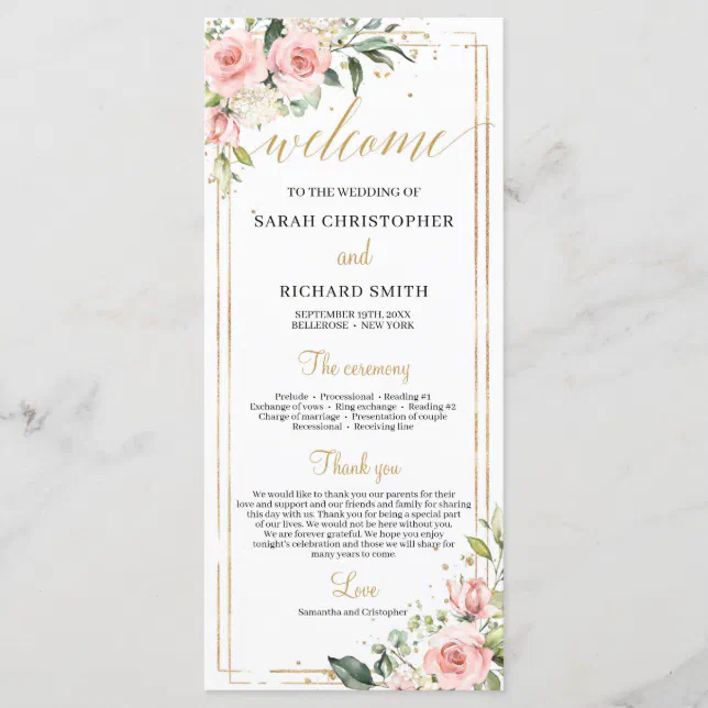 Blush Pink Floral Gold Geometric Frame Wedding Program Zazzle
