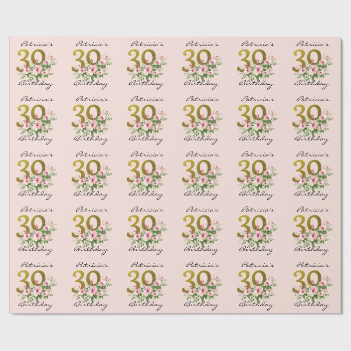 Blush Pink Floral Gold Glitter 30th Birthday Wrapping Paper | Zazzle.com