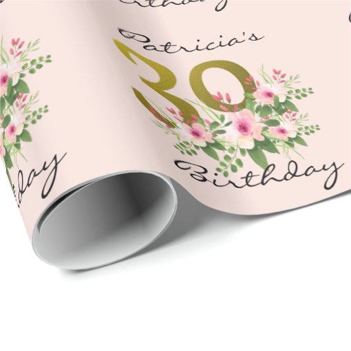 Blush Pink Floral Gold Glitter 30th Birthday Wrapping Paper | Zazzle