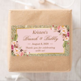 Blush Pink Floral Gold Glitter Brunch & Bubbly Label | Zazzle