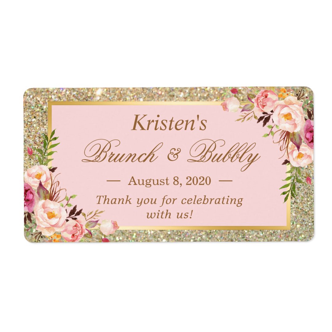 Blush Pink Floral Gold Glitter Brunch & Bubbly Label | Zazzle
