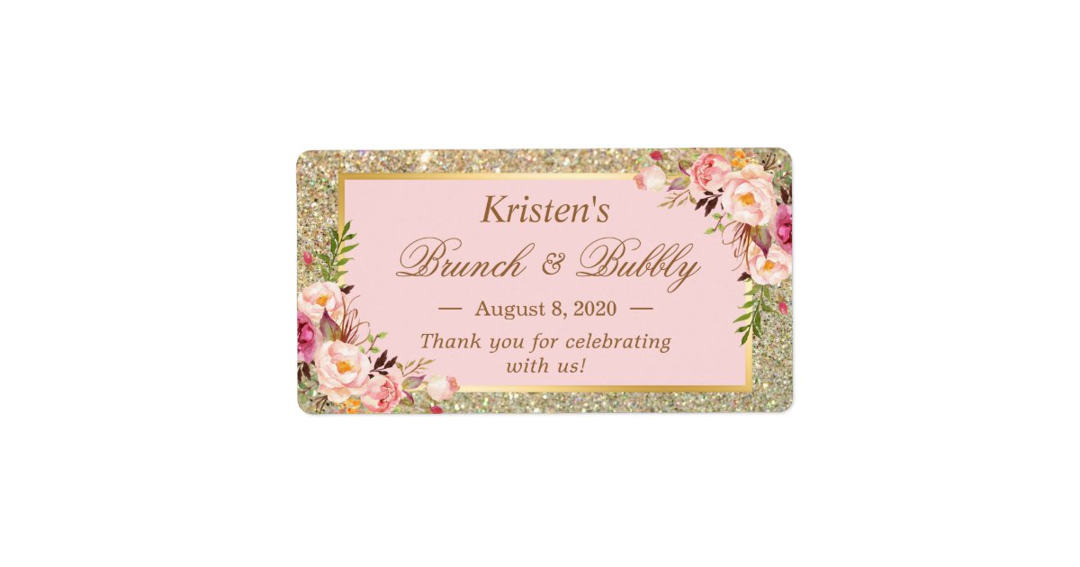 Blush Pink Floral Gold Glitter Brunch & Bubbly Label | Zazzle