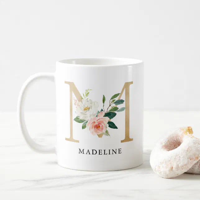 Blush Pink Floral & Gold Letter M Monogram Coffee Mug | Zazzle